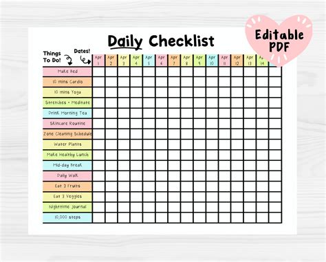 Daily Checklist Template Editable Pdf Etsy Uk