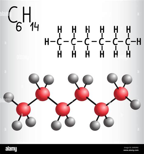 Chemical Formula And Molecule Model Of Hexane C6h14 Vector