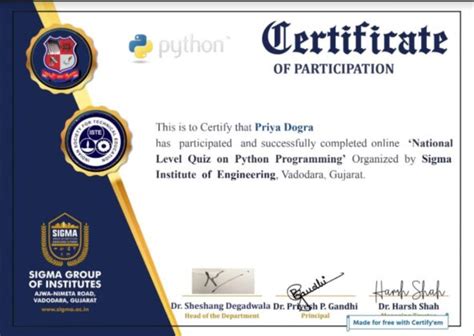 national level python programming certificate sigma institute certificate