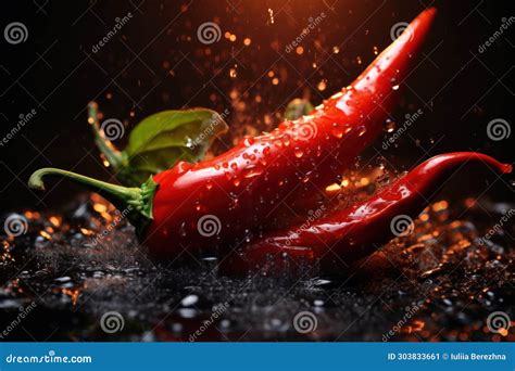 Red Hot Chili Peppers On A Black Background With Smoke And Fire Stock
