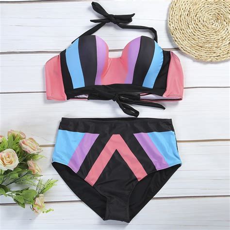 2018 Sexy Women Swimsuit Halter Bikini Set Neck Color Blocking Print