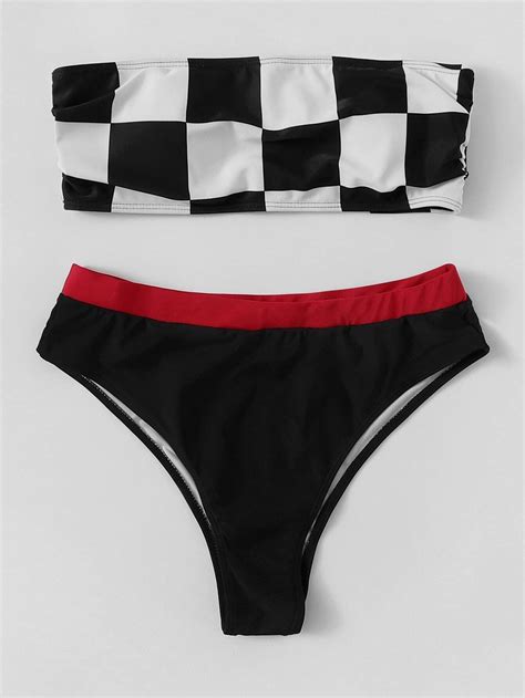 White Black Checker Swimsuit Bandeau With Contrast Trim Bikini Bottom
