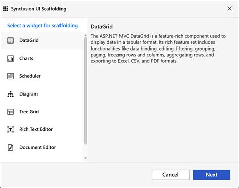 scaffolding asp mvc essential js 2 syncfusion