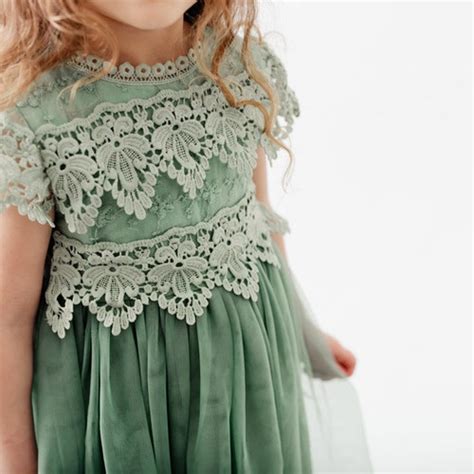White Lace Flower Girl Dress Sage Green Long Sleeve Wedding Etsy