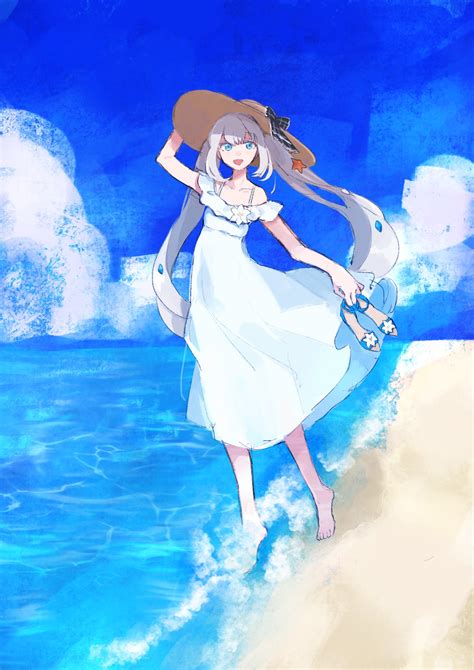 Safebooru 1girl Barefoot Beach Blue Eyes Blue Sky Clouds Commentary