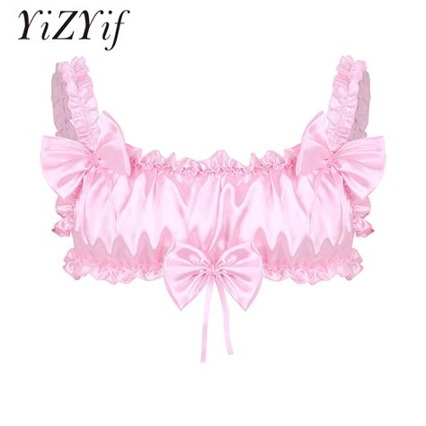 Yizyif Mens Bra Top Sissy Lingerie Smooth Soft Satin Ruffled Frilly