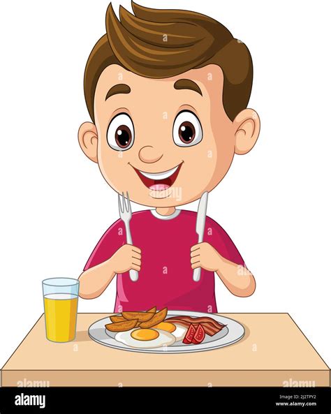 Niño Pequeño De Dibujos Animados Comiendo El Desayuno Imagen Vector De