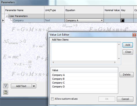 inventor ilogic multi value text parameter to custom iproperty