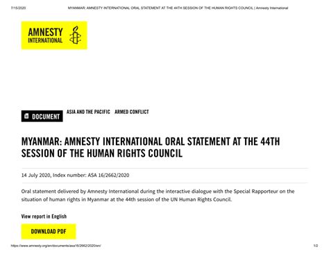 Pdf Myanmar Amnesty International Oral Statement At The 44th Session