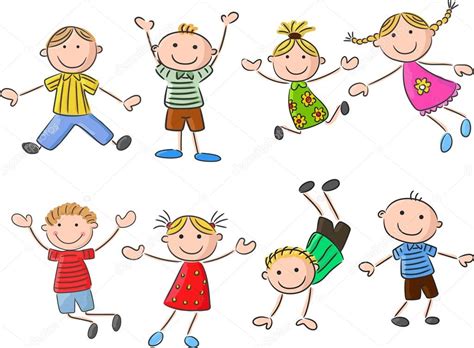 Muchos Niños Feliz Dibujos Animados Saltando Y Bailando Juntos Stock