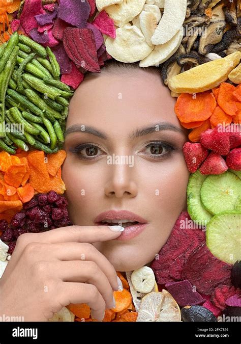 Perfect Healthy Woman On Colorful Vivid Organic Fruits And Vegetables