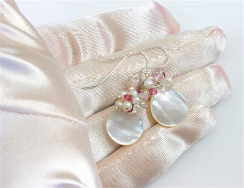 Mother Of Pearl Earrings White Teardrop Cluster Natural 14k Etsy