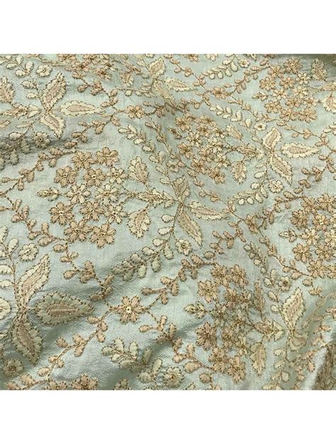 Sea Green Dupion Silk Fabric Floral Thread Embroidery Saroj Fabrics