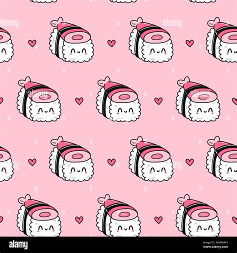 Cute Funny Asian Japanese Sushi Character Seamless Pattern Vector Hand