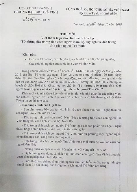 ThƯ MỜi ViẾt BÀi Tham LuẬn Cho HỘi ThẢo Khoa HỌc TỪ NhỮng ĐẶc TrƯng