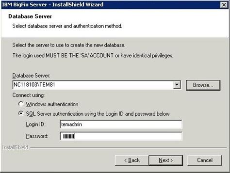 installing a server with remote database sql authentication