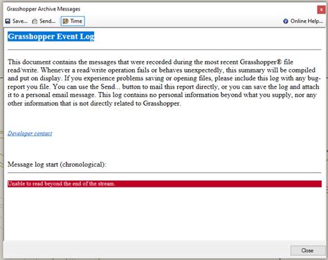 grasshopper event log error unable to read beyond the end of stream