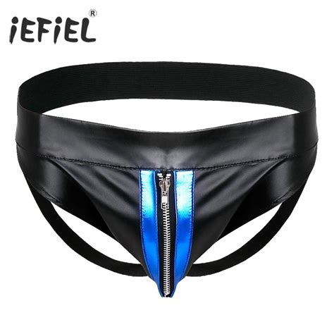 Iefiel Sexy Lingerie Mens Faux Leather Zipper Pouch Bikini Briefs
