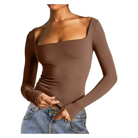 Uyisj Womens Sexy Long Sleeve Crop Top Square Neck Double Lined Basic
