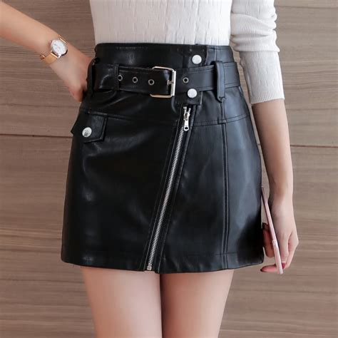 2018 New Leather Skirt Women High Waist Hip Skirt Zipper Belt Leather
