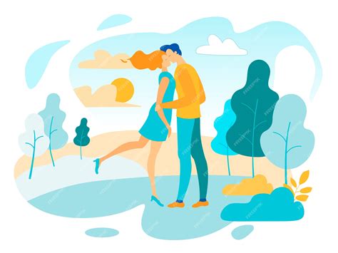 Couple Amoureux Baisers Et étreindre Dans Parc Dessin Animé