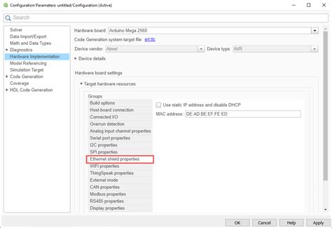 configure network settings for arduino ethernet shield matlab