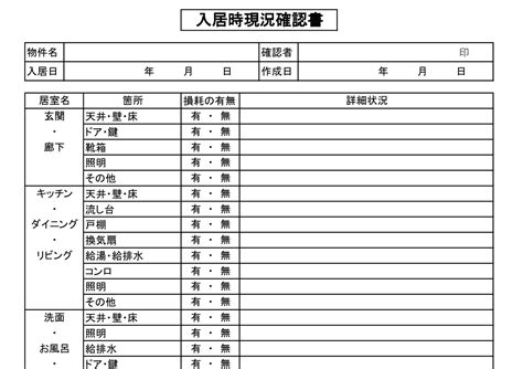 賃貸の入居時現状確認書の雛形（室内のチェックリスト＆シート表）excel・word・pdfの無料テンプレートをダウンロード