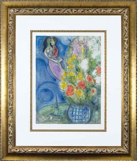 Marc Chagall Red Bouquet With Lovers Custom Framed Art 21 Color Stone