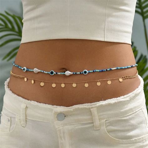 2pcs Bohemian Handmade Eye Design Pearl And Seed Beads Waist Chain Women