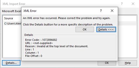 importing xml document i am getting error code 1072896682 microsoft