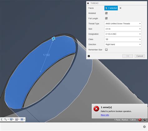 failed to perform boolean operation when creating modeled threads in