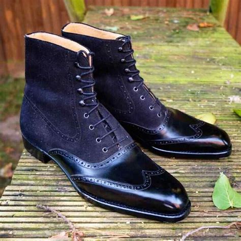 New Handmade Mens Two Tone Wingtip Brogue Ankle Boots Men Black And
