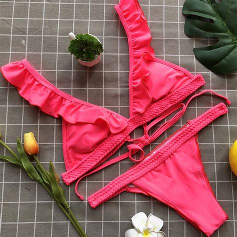 Sexy Women Swimwear Pink Ruffles Bandage String Bikini Set 2018 Summer