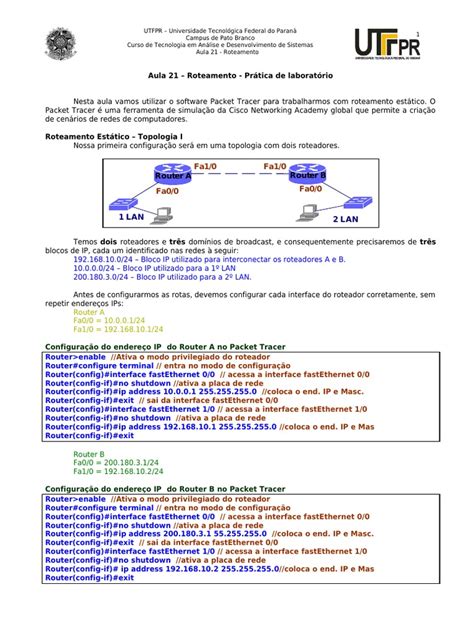 aula 21 roteamento packetracer pdf roteador informática