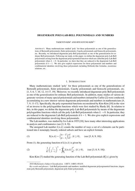 pdf degenerate poly lah bell polynomials and numbers
