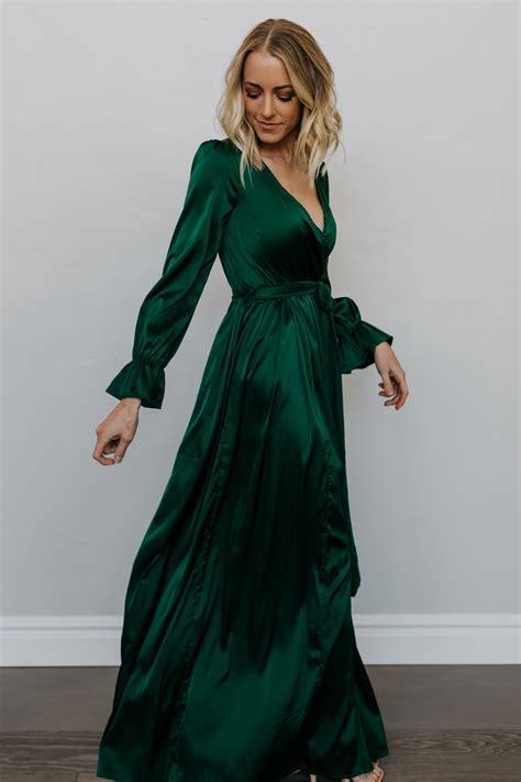 Holly Satin Maxi Dress Dark Green Long Sleeve Bridesmaid Dress