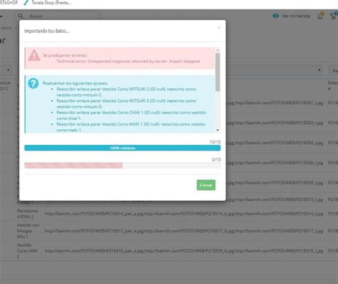 error importar archivo csv imagenes technical error unexpected response
