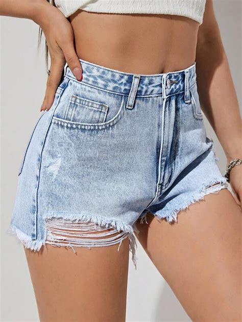 Shein Ezwear High Waist Ripped Raw Hem Denim Shorts Shein Usa