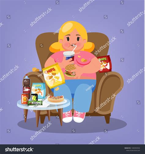 Fat Woman Sitting Armchair Eating Fast Vetor Stock Livre De Direitos