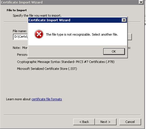the file type is not recognizable select another file import pfx