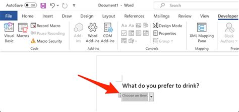 how to add a drop down list to a word document