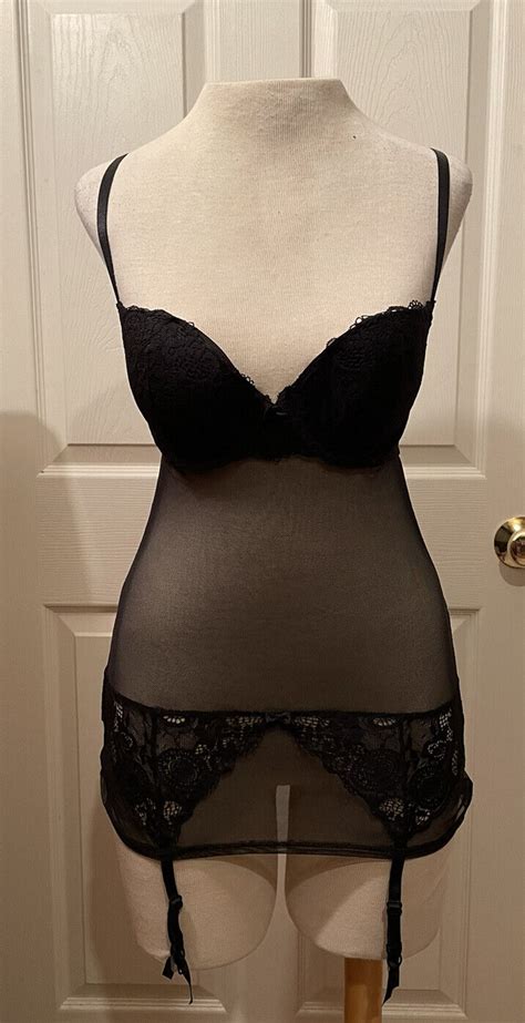 Victorias Secret Sheer Black Lace Garter Slip 34c Lin… Gem