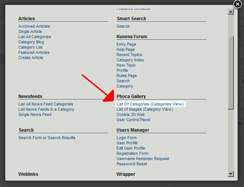 link to a listing of your phoca gallery image categories inmotion hosting