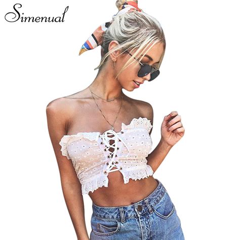 Simenual Summer Style Tube Tops Cropped Feminino 2018 Lace Up White