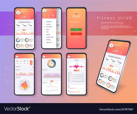 different ui ux gui screens fitness app and flat vector image