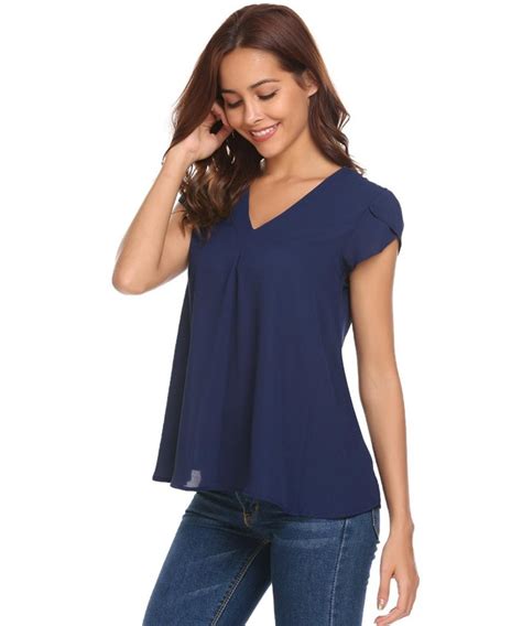 Women Casual Chiffon Blouse V Neck Short Sleeve Simple Top Shirts S