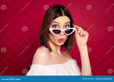 Photo Of Impressed Brown Hairdo Millennial Lady Touch Spectacles Wear