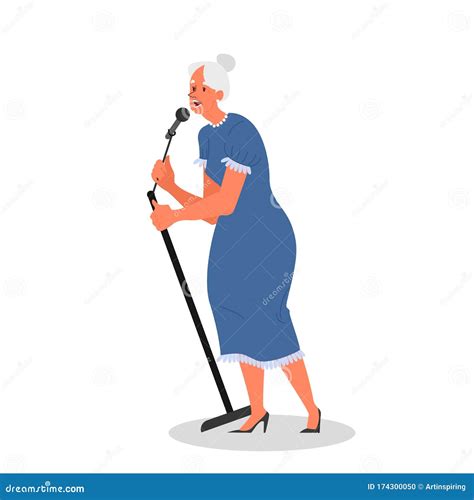 Senior People Singing Karaoke Old Woman Singing Song Stock Vector