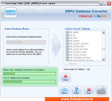 screenshots of oracle to mysql database converter software to convert files