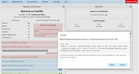 reload failed because retrieve conf encountered an error 255 freepbx